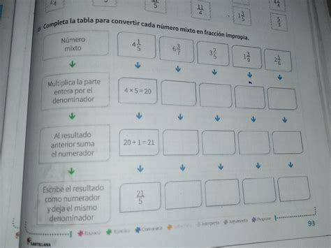 completa la tabla para convertir cada número mixto en fracción impropia