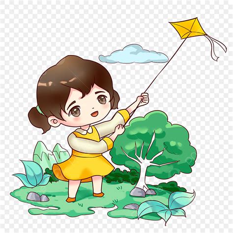 清明節人物插畫 放風箏女孩 黃色的風箏 綠色的樹木 清明節放風箏女孩 清明節人物插畫 黃色的風箏素材圖案PSD和PNG圖片免費下載