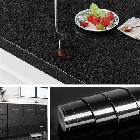 Livelynine Self Adhesive Wallpaper Black 16x394 Inch Shiny Black Wall