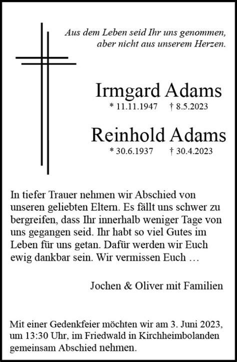 Traueranzeigen Von Reinhold Adams Vrm Trauer De