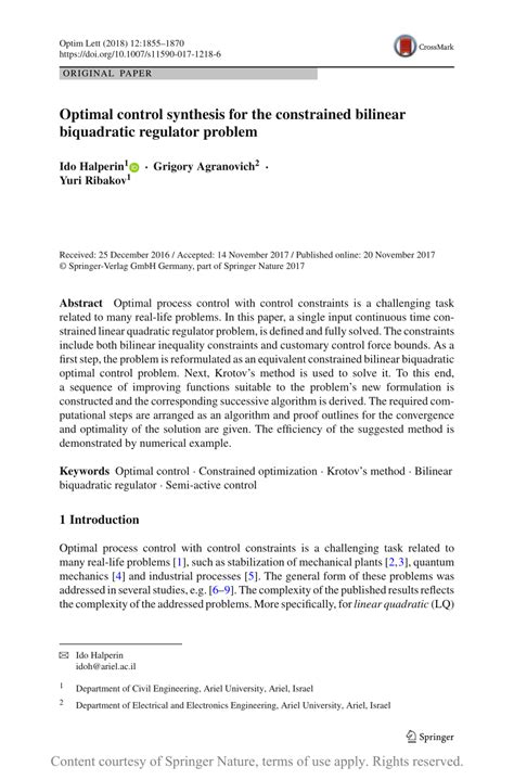 optimal control synthesis for the constrained bilinear biquadratic regulator problem request pdf