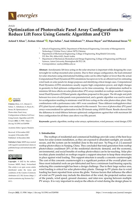 pdf optimization of photovoltaic panel array configurations to reduce lift force using genetic