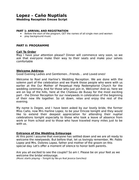 Wedding Emcee Script Lopez Ca O Nuptials Wedding