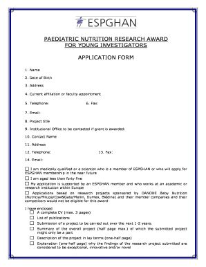Fillable Online Danone Nutrition Award Application Form ESPGHAN Fax