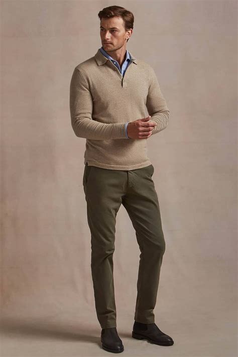 Men S Olive Chinos Zip Neck Sweater Blue Shirt And Chelsea Boots