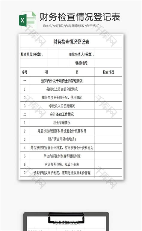 财务检查情况登记表Excel模板 千库网 excelID70425