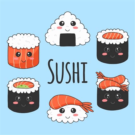 Sushi fofo no estilo kawaii ilustração vetorial comida asiática sushi