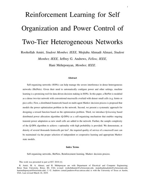 pdf reinforcement learning for self organization and power control of two tier heterogeneous