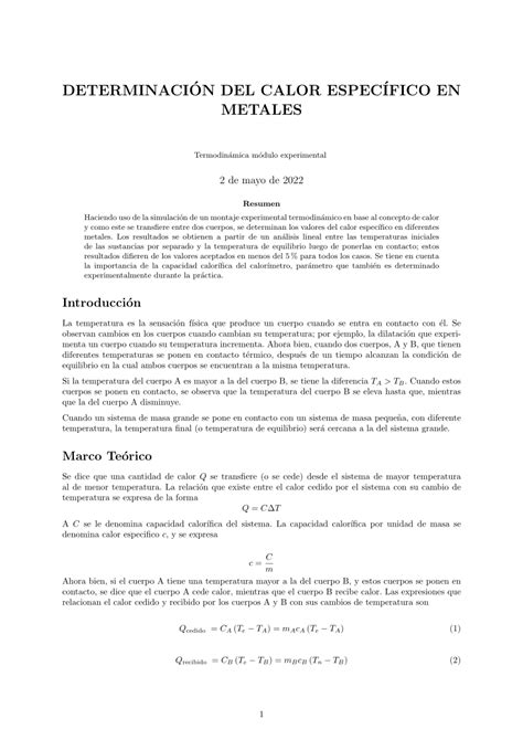 PDF DETERMINACIÓN DEL CALOR ESPECÍFICO EN METALES EXPERIMENTO DE