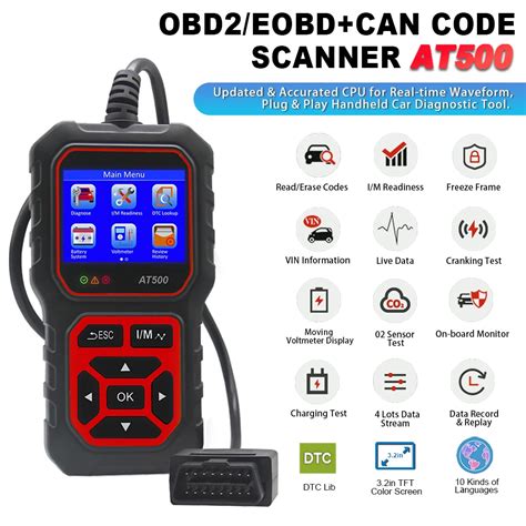 Obd2 At500 12v Red Scanner Code Reader With Screen Display Analyzer