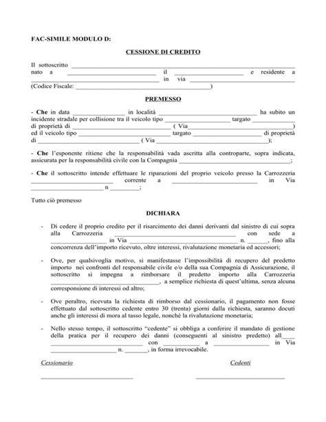 Cessione Del Credito Modello D