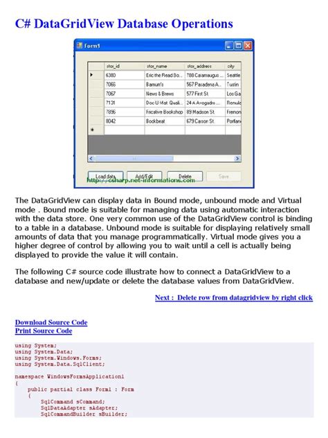 c datagridview database operations next delete row from datagridview by right click
