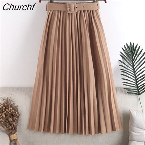 Churchf 2022 New High Waist Women S Pleated Skirts With Belted Spring