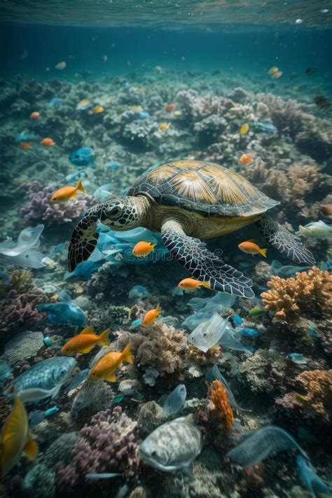 A Sea Turtles In The Sea Underwater With Fishes Stock Illustration
