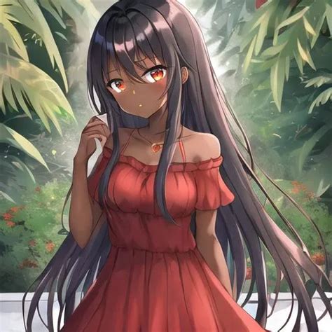 1girl Dark Skin Red Dress Long Hair Cute