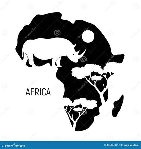 frica Mapa Blanco Y Negro Del Continente De África Con El Rinoceronte