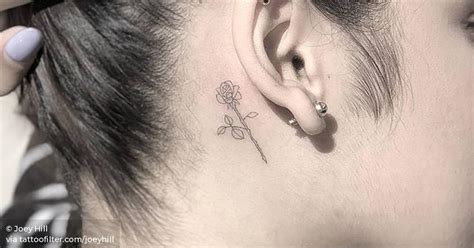 Single Needle Rose Tattoo Behind The Right Ear