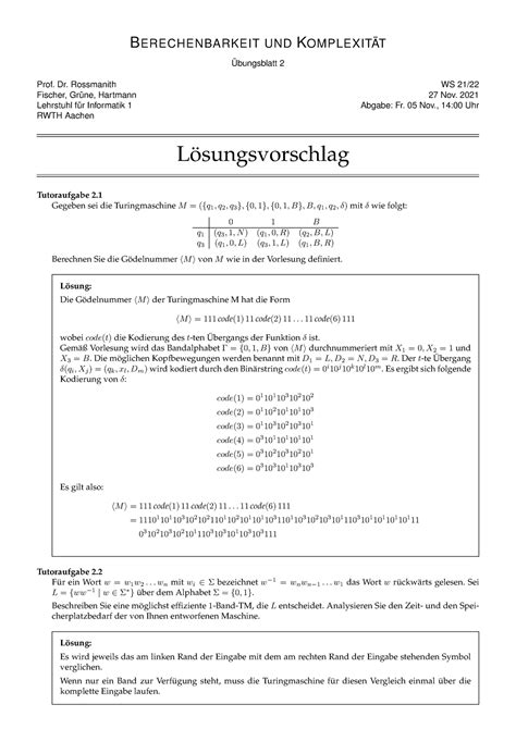 Lösungen zur Übung2 aus dem Wintersemester 2021 BERECHENBARKEIT UND
