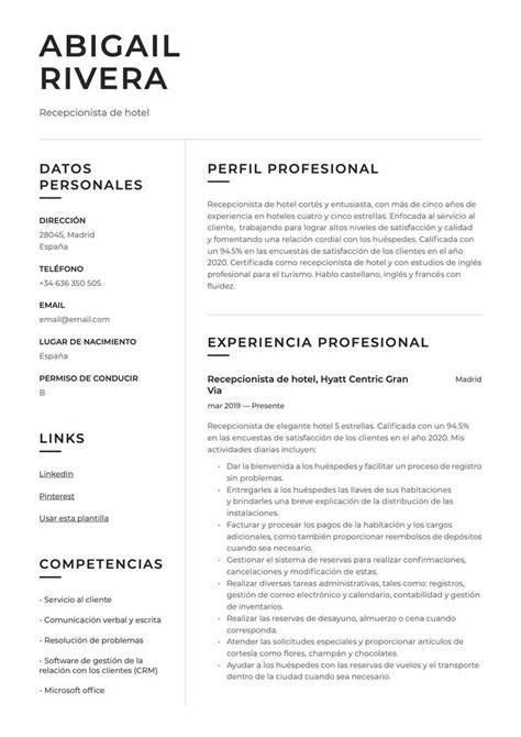 Plantilla de Currículum vitae para recepcionista de hotel Curriculum