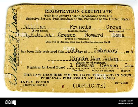 A Department Of Selective Service Registration Card Draft Card