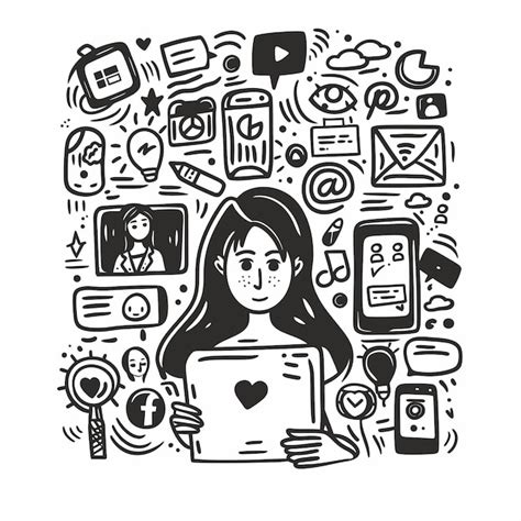 Um Desenho Em Preto E Branco De Uma Mulher Um Laptop E Muitas