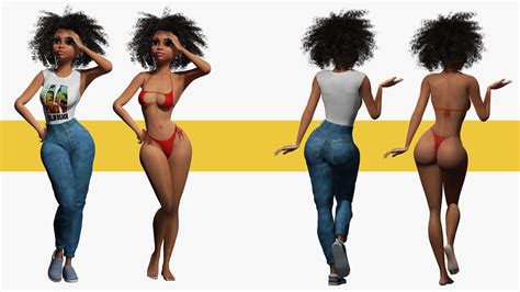 D Model Naked African Female Cartoon Black Afro Rigged Woman Female D