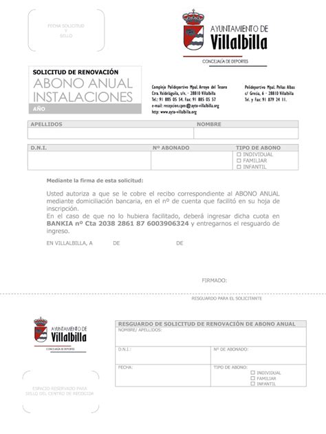 Fillable Online Ayto Villalbilla Solicitud Renovacion Abono Ins