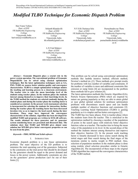 pdf modified tlbo technique for economic load dispatch problem