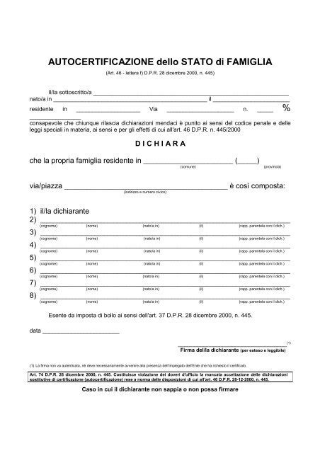 AUTOCERTIFICAZIONE Dello STATO Di FAMIGLIA Comune Di