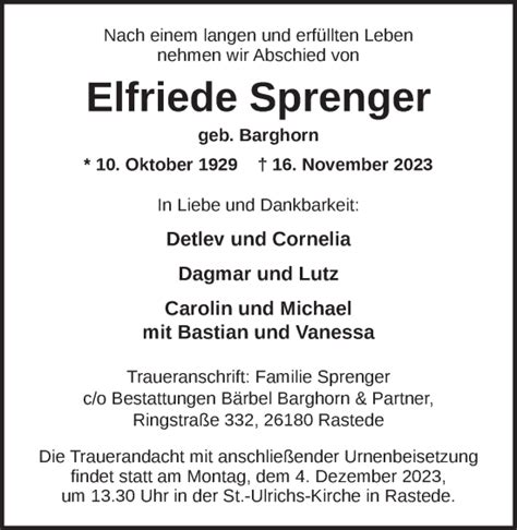 Traueranzeigen Von Elfriede Sprenger Nordwest Trauer De