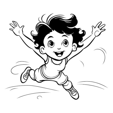Menina Feliz Pulando No Ar Ilustra O Vetorial Em Preto E Branco
