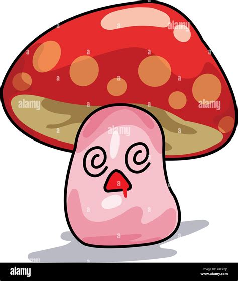 A Cartoon Red And Pink Mushroom Feeling Dizzy With Swirly Eyes And Open