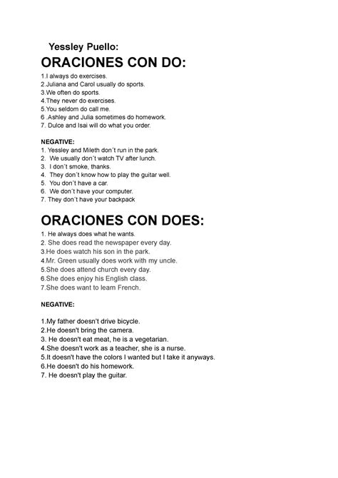 Oraciones INGLESS Yessley Puello ORACIONES CON DO 1 Always Do