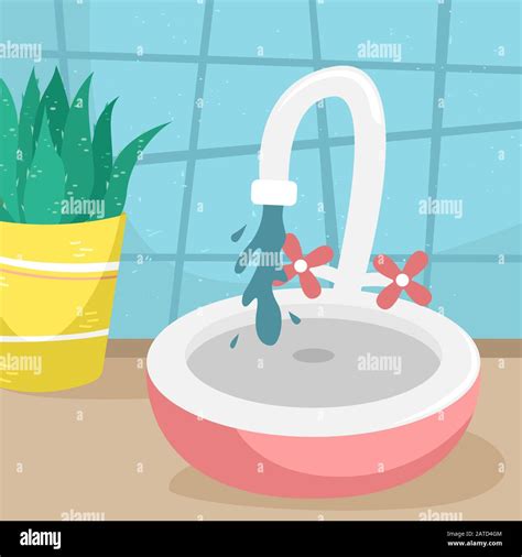 El agua va desde el grifo hasta el lavabo del baño Ilustración de