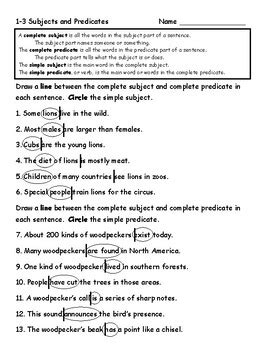 Simple Subject And Predicate Worksheet Complete Subject And Predicate