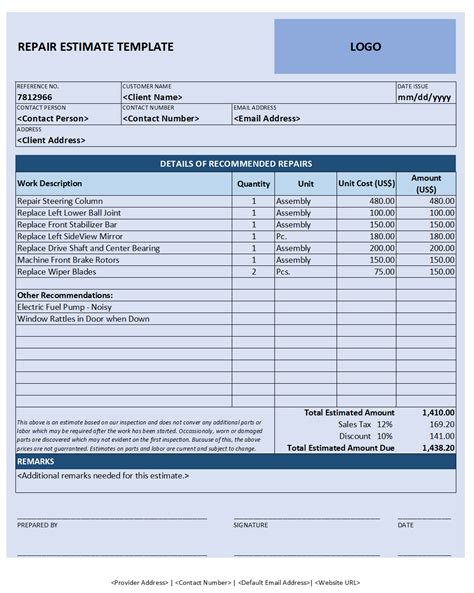 Construction Free Printable Estimate Forms