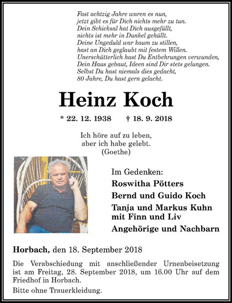 Traueranzeigen Von Heinz Koch Rz Trauer De