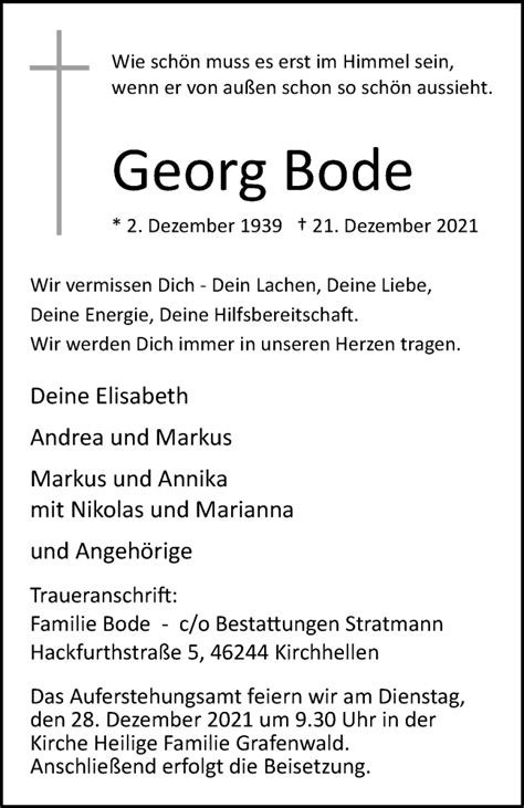 Traueranzeigen Von Georg Bode Trauer In NRW De