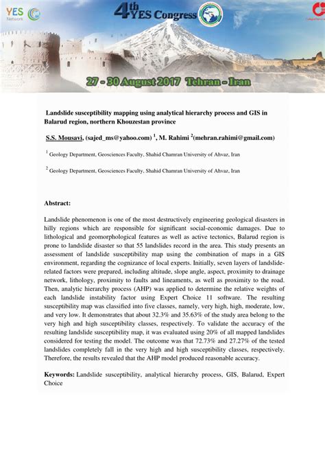 pdf landslide susceptibility mapping using analytic hierarchy process and gis in balarud