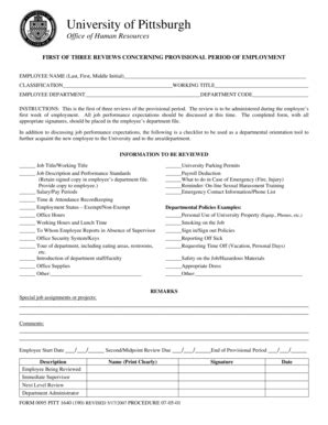 Fillable Online Hr Pitt First Provisional Review Form Human Resources