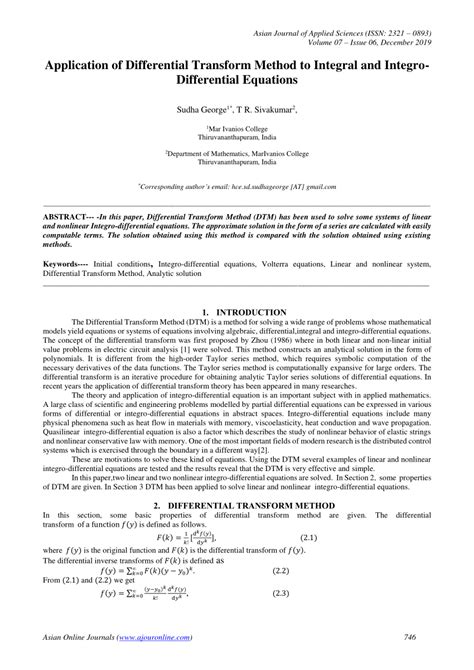 pdf application of differential transform method to integral and integro differential equations