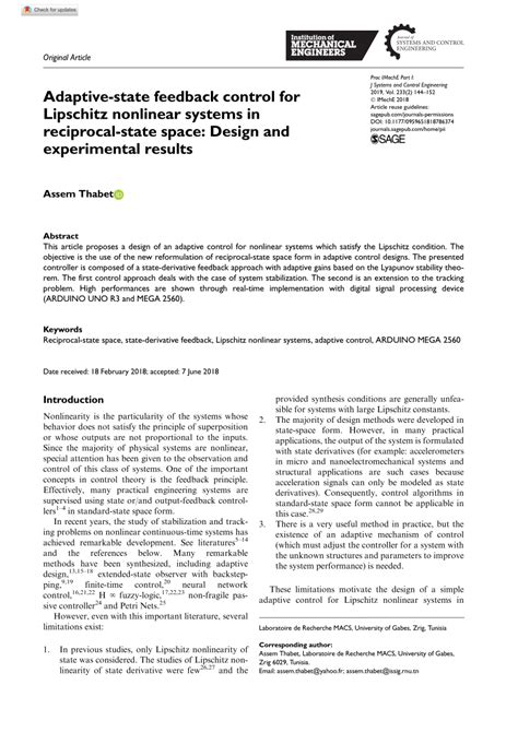 pdf adaptive state feedback control for lipschitz nonlinear systems in reciprocal state space