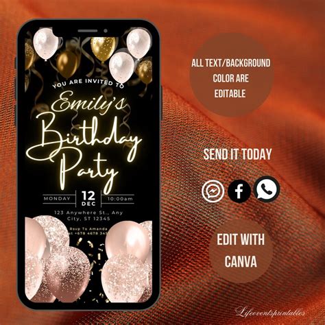 Digital Rose Gold Birthday Invitation Template Electronic Gold Balloon