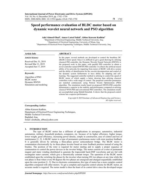 pdf speed performance evaluation of bldc motor based on dynamic wavelet neural network and pso