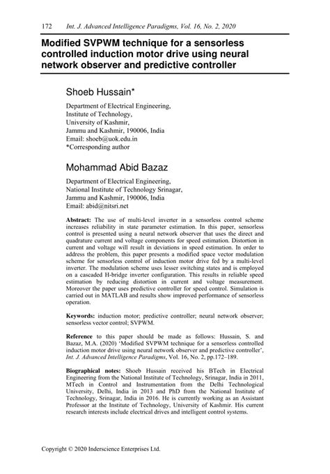 pdf modified svpwm technique for a sensorless controlled induction motor drive using neural