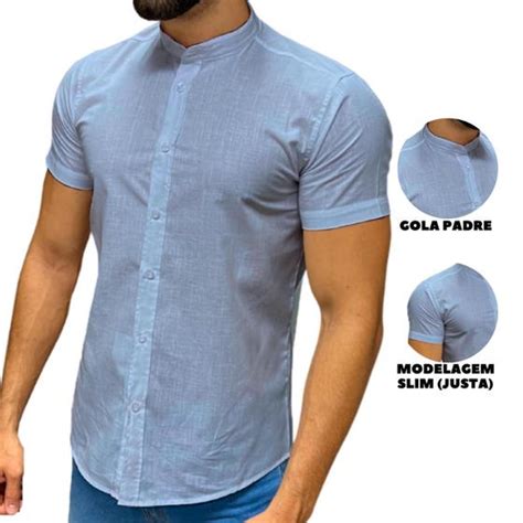 Camisa Gola Padre Masculina Manga Curta Slim Fit Premium