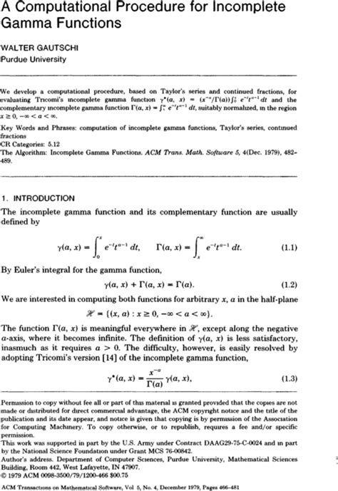 a computational procedure for incomplete gamma functions acm transactions on mathematical software