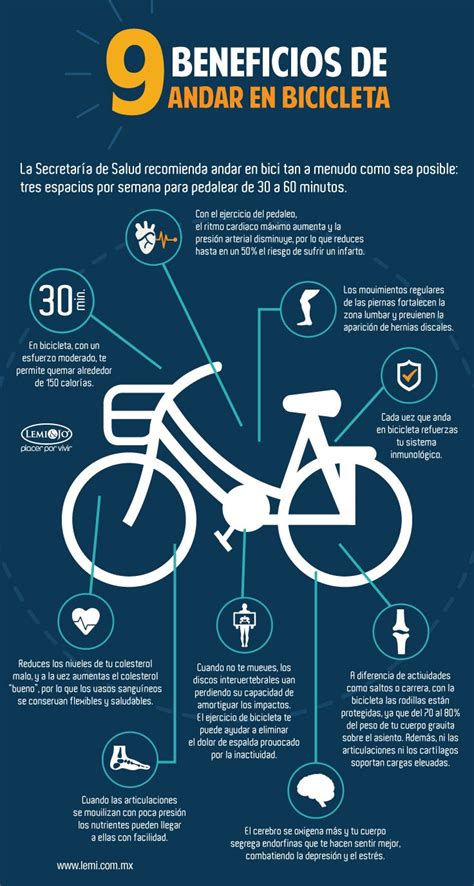 Infografía 9 beneficios de andar en bicicleta salud y fitness