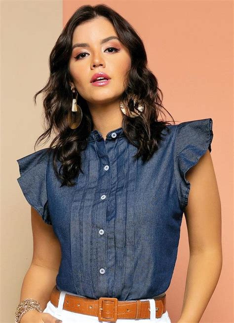 Blusa Em Jeans Pregas E Mangas Em Babados Quintess