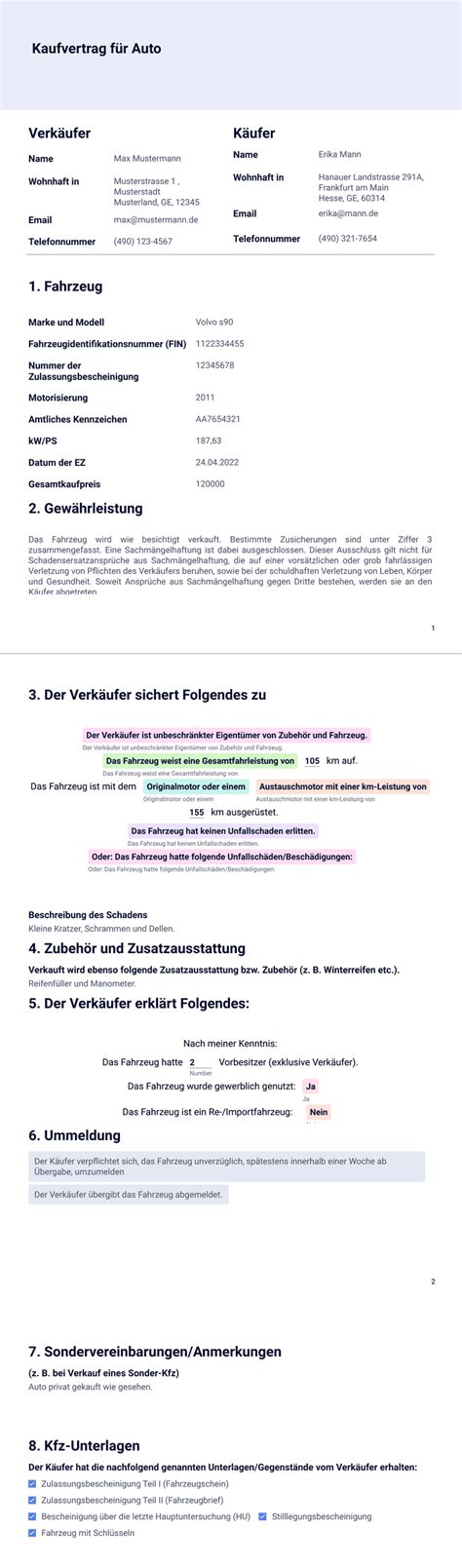 Kaufvertrag Auto Vorlage PDF Vorlagen Jotform